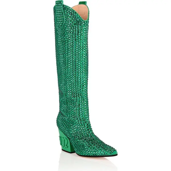 Philipp Plein Embellished Suede Mid Heel Cowboy Boots - Green