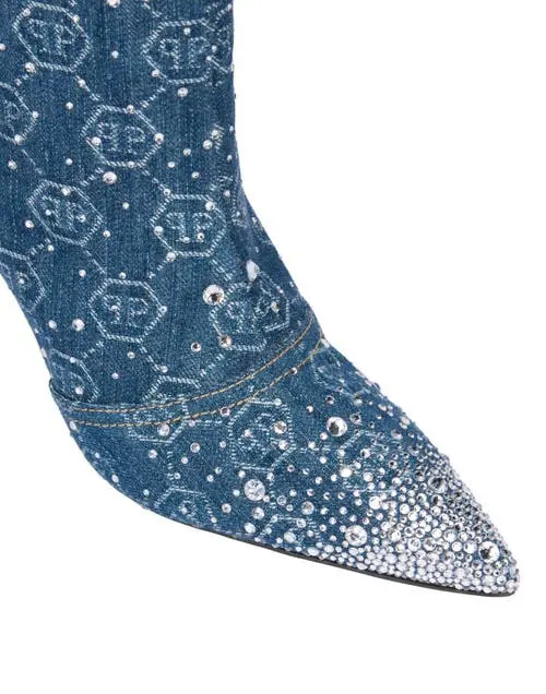Philipp Plein Monogram Denim Ankle Boots With Rhinestone Embellishments