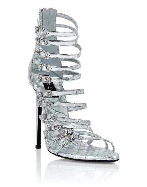 Philipp Plein Mirror Leather Sandals High Plein Heels Skull - Silver