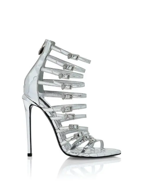 Philipp Plein Mirror Leather Sandals High Plein Heels Skull