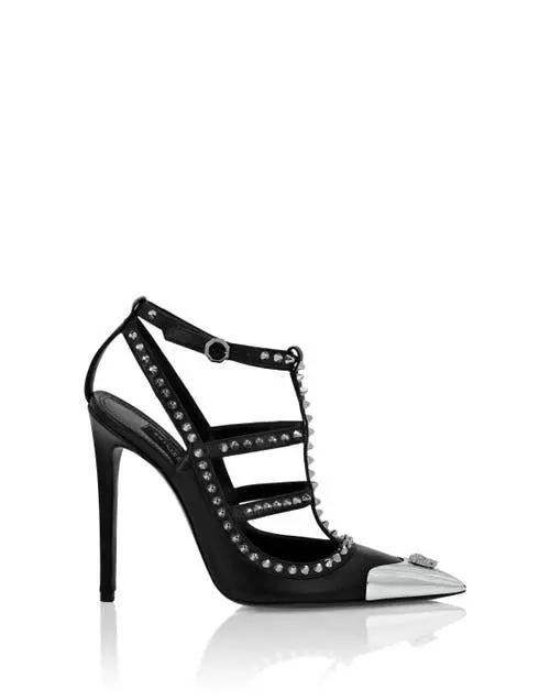 Philipp Plein Nappa Leather Studded High Heel Sandals With Jewel Skull Detail