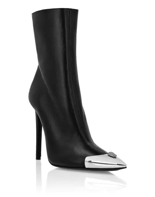 Philipp Plein Leather High Heel Boots With Embellished Skull Toe - Black