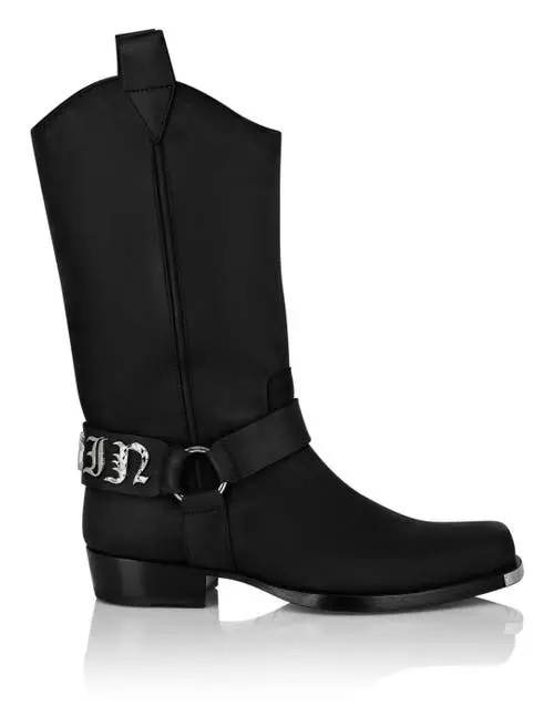 Philipp Plein Gothic Lettering Leather Harness Boots