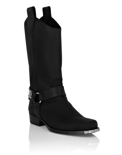 Philipp Plein Gothic Lettering Leather Harness Boots - Black