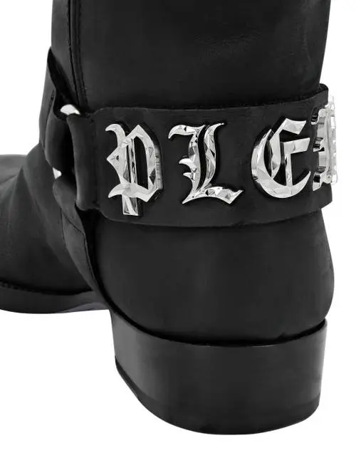 Philipp Plein Gothic Lettering Leather Harness Boots