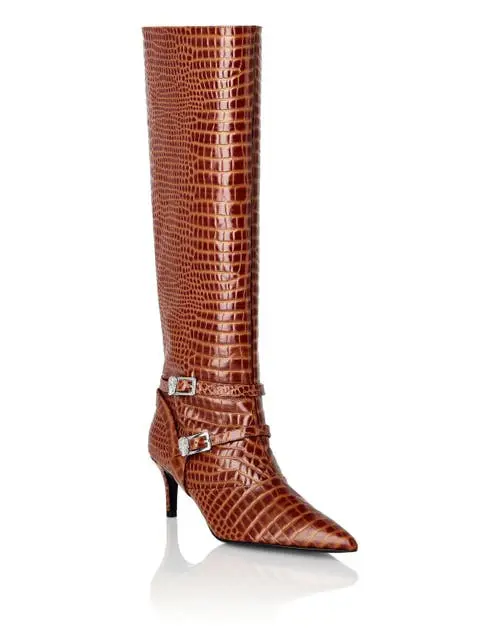 Philipp Plein Croc Effect Strapped Low Heel Boots - Brown