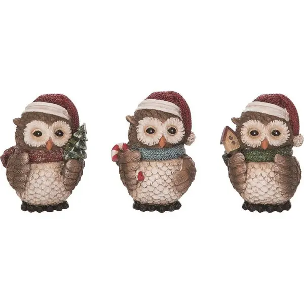 TRANSPAC Set Of 3 Resin Christmas Owl Figurines With Hats - Multicolored