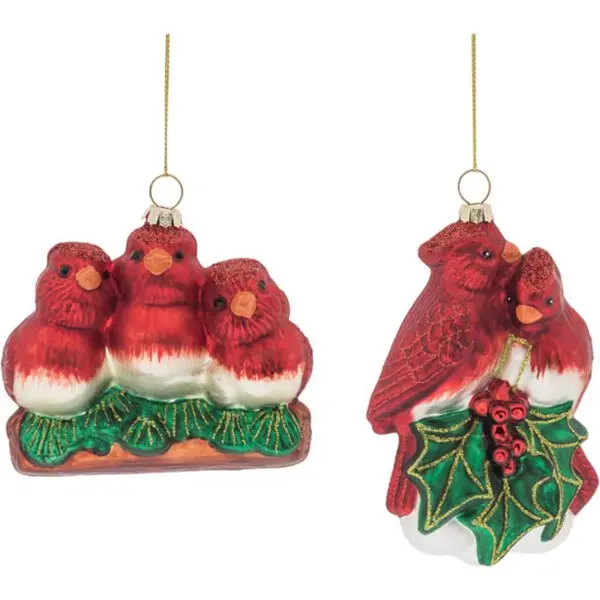 TRANSPAC Glass Cardinal Family Christmas Ornament Set Of Two - Red