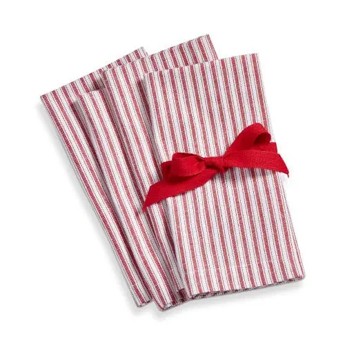 TAG Ticking Stripe Cotton Napkins Set Of 4 Machine Washable - Red
