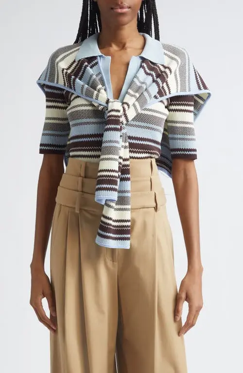 Monse Stripe Jacquard Polo Sweater With Shoulder Wrap - Blue Multi