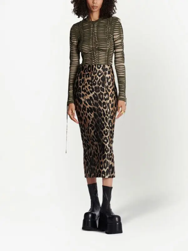 Balmain Leopard Jacquard Pencil Skirt - Brown