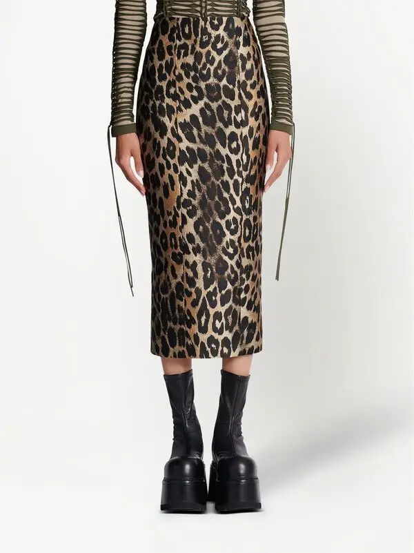 Balmain Leopard Jacquard Pencil Skirt - Brown