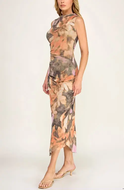 SOCIALITE Floral Shirred Mesh Dress - Brown/rust