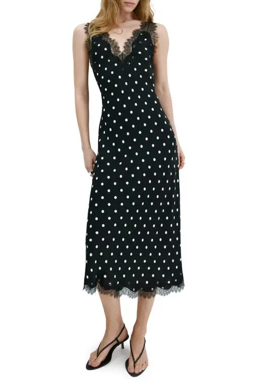Mango Lace Trim Polka Dot Midi Dress - Black