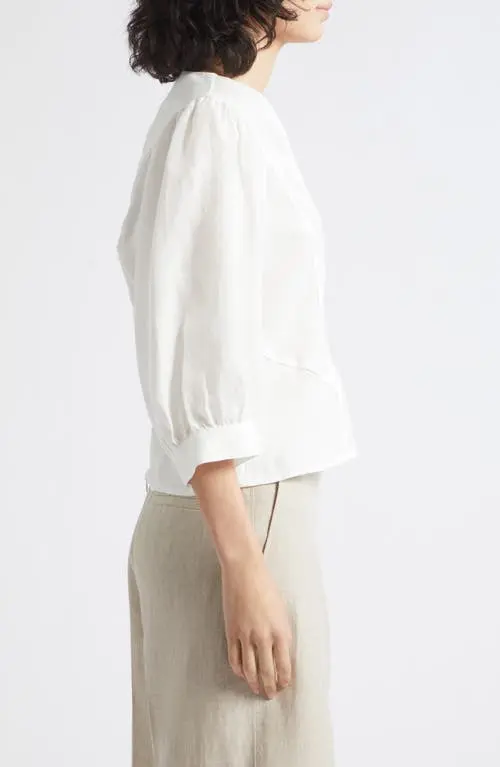 REISS Evie Linen V-neck Top With Balloon Sleeves - Ivory