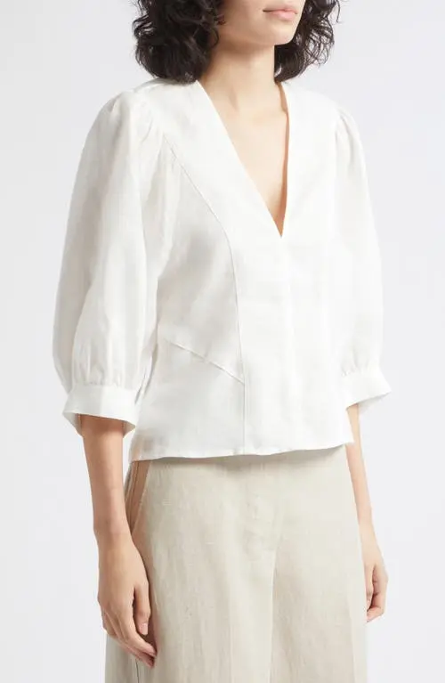 REISS Evie Linen V-neck Top With Balloon Sleeves - Ivory