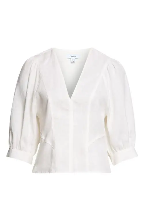 REISS Evie Linen V-neck Top With Balloon Sleeves - Ivory