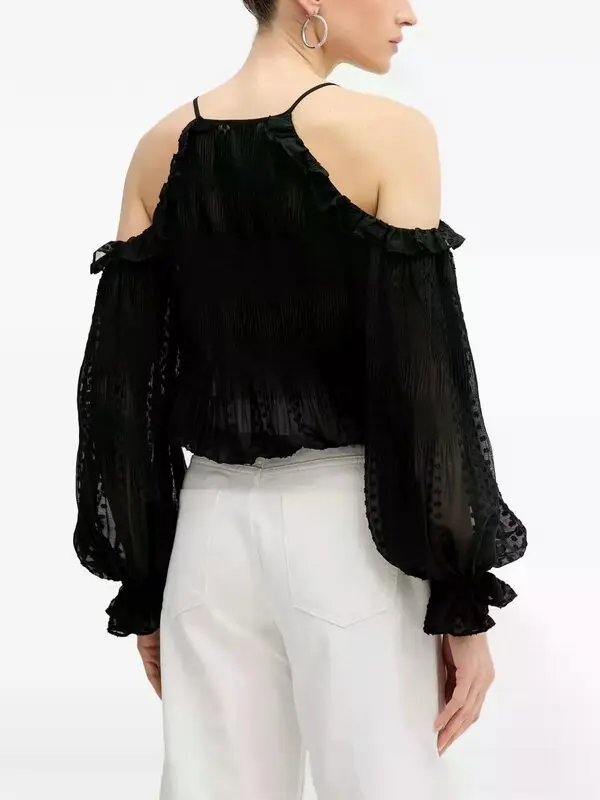 Guess Swiss-dot Ruffled Cold-shoulder Blouse