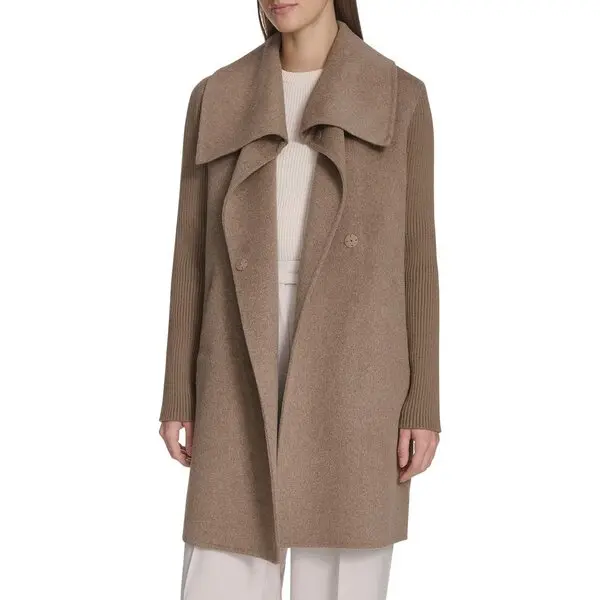 KENNETH COLE Rib Sleeve Mixed Media Coat - Nutmeg