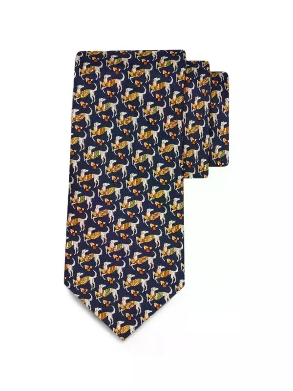 FERRAGAMO Hound Print Silk Neck Tie - Blue