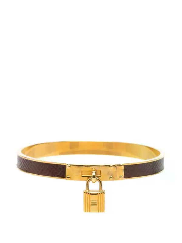Hermès Gold Plated Epsom Leather Cadena Lock Bangle Bracelet - Brown