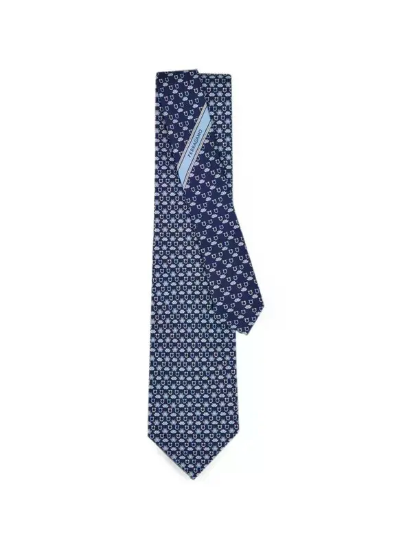 FERRAGAMO Frog Print Silk Neck Tie - Blue