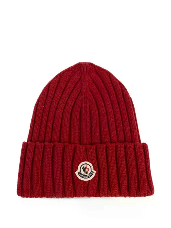 Moncler Logo Patch Ribbed Knit Beanie Hat - Red
