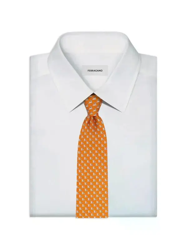 FERRAGAMO Mallard Print Silk Neck Tie - Orange