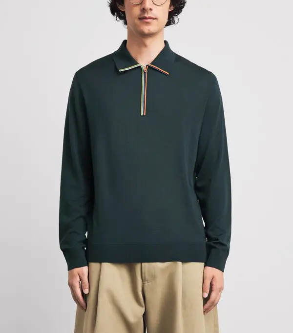 Paul Smith Merino Wool Quarter Zip Sweater With Signature Stripe Accent