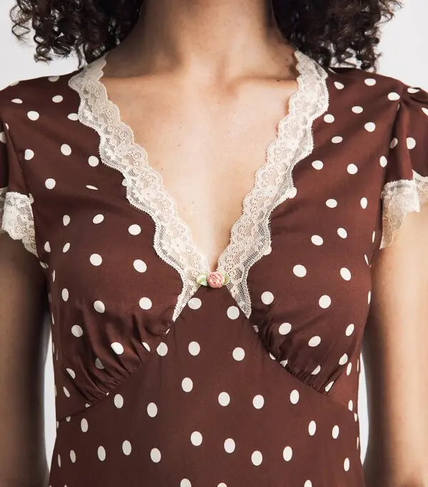 Rixo Cely Polka Dot Lace Trim Mini Dress - Brown