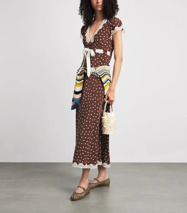 Rixo Marlice Silk Polka Dot Midi Dress - Brown