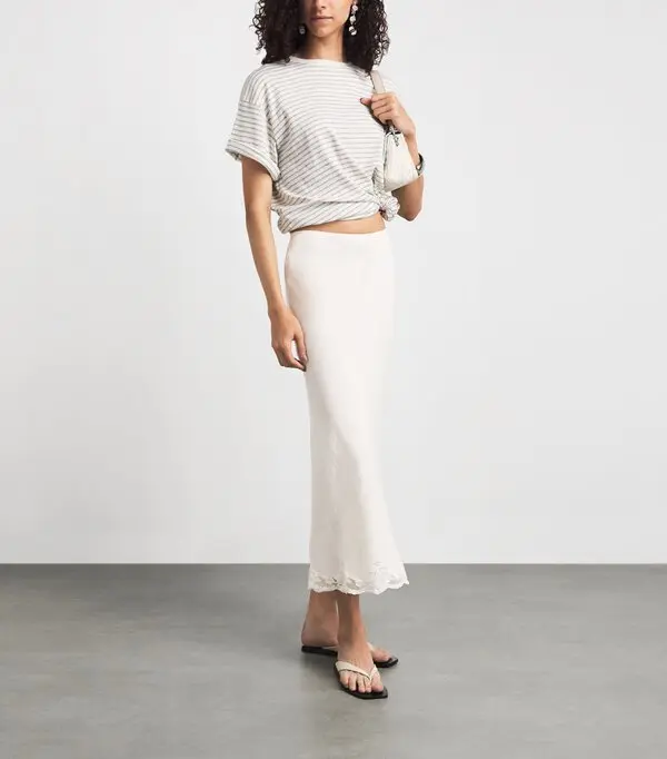 Rixo Linen-blend Crystal Midi Skirt With Lace Trim - Ivory
