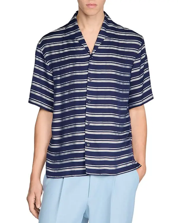 Sandro Striped Boat Neck Shirt - Navy Blue