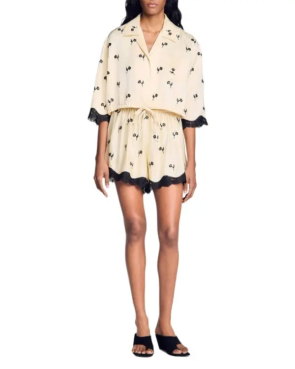 Sandro Cropped Floral Embroidered Shirt