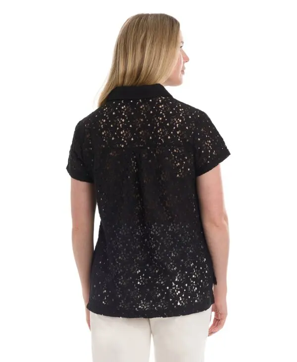WILT CLOTHING Short Sleeve Lace Polo Top - Black