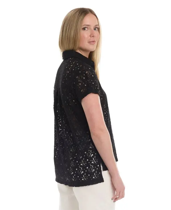 WILT CLOTHING Short Sleeve Lace Polo Top - Black
