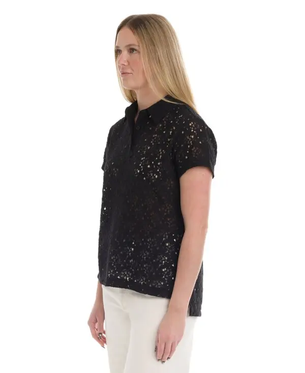 WILT CLOTHING Short Sleeve Lace Polo Top - Black
