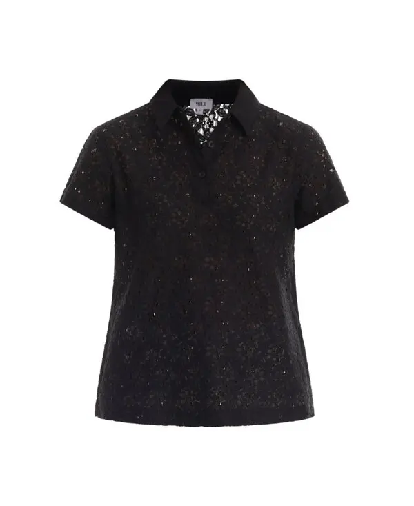 WILT CLOTHING Short Sleeve Lace Polo Top - Black