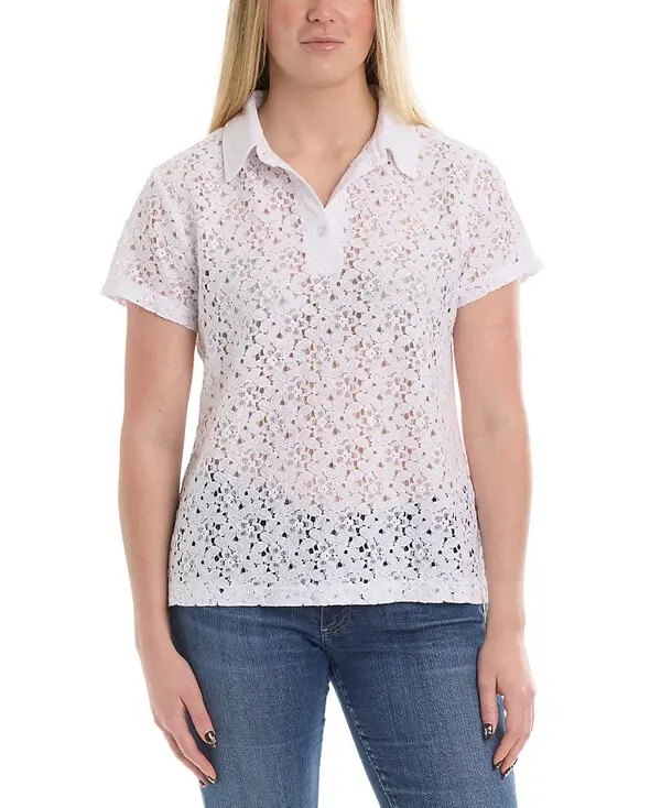 WILT CLOTHING Short Sleeve Lace Polo Top - White