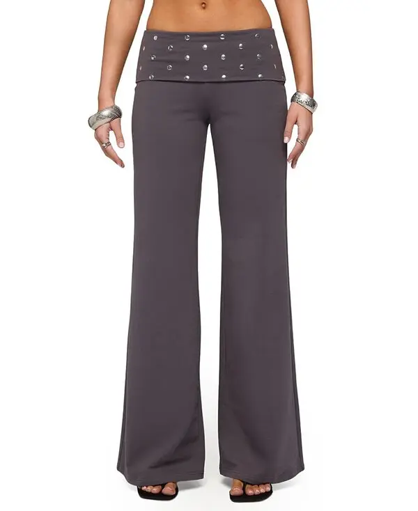 EDIKTED Breanna Studded Foldover Wide Leg Pants - Dark-gray