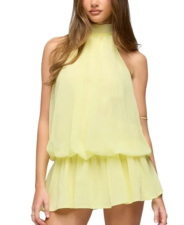 EDIKTED Kortney Chiffon High Neck Mini Dress - Yellow