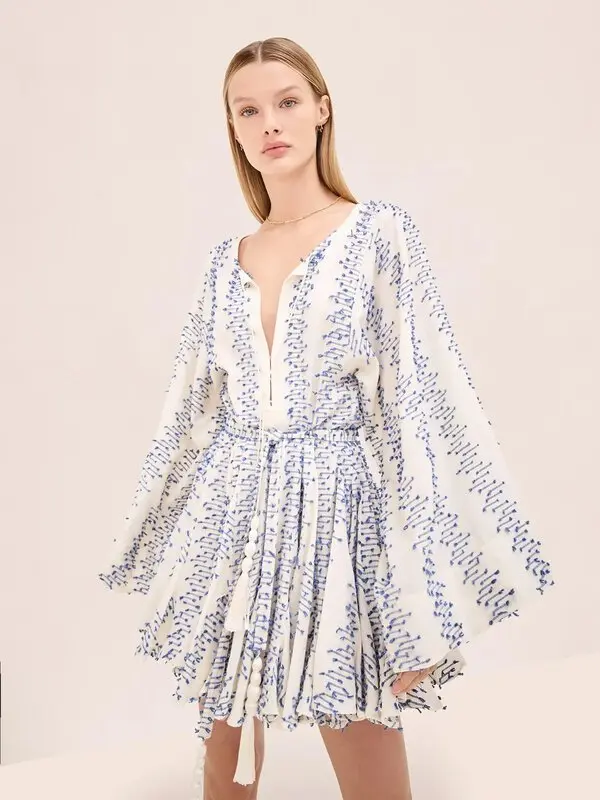 Alexis Palmari Embroidered Tasseled Mini Dress