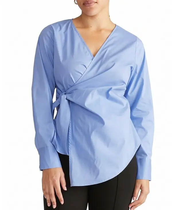 Universal Standard Beacon Stretch Poplin Wrap Shirt - Soft Blue