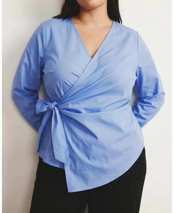 Universal Standard Beacon Stretch Poplin Wrap Shirt - Soft Blue