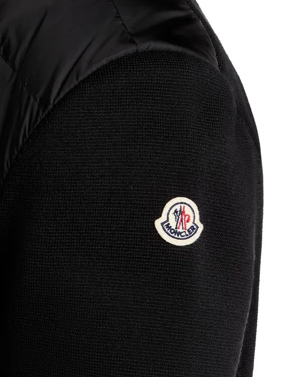 Moncler Wool Blend Cardigan With Down-filled Front - Black