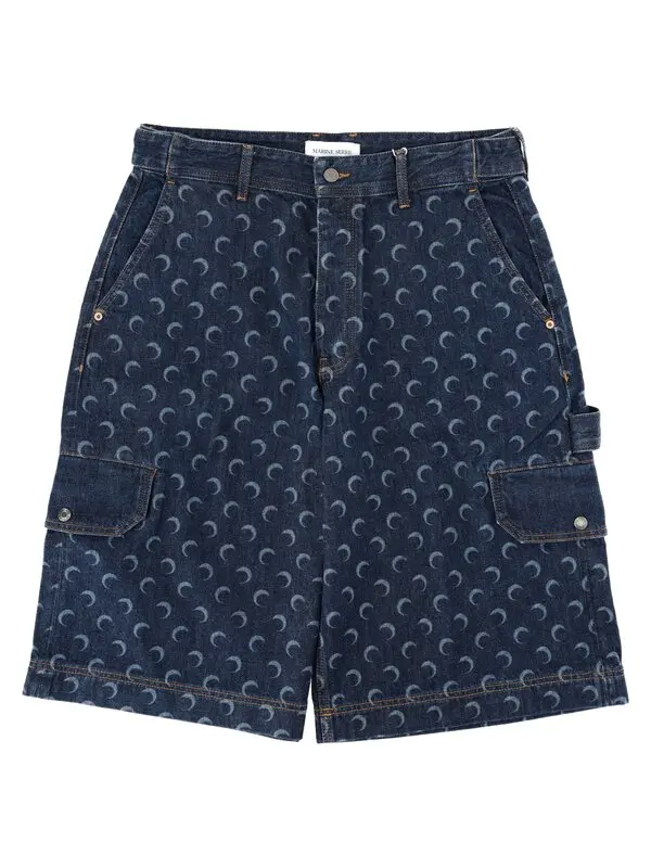 MARINE SERRE Denim Shorts With All-over Moon Print - Blue
