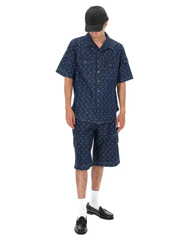 MARINE SERRE Denim Shorts With All-over Moon Print