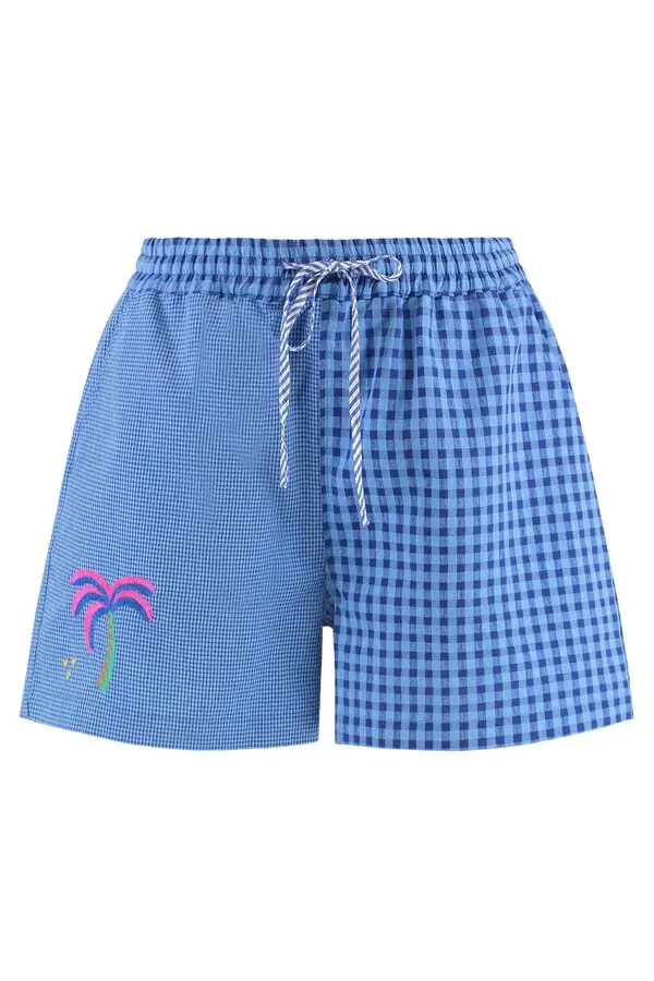 SUSANNA BLU Checked Embroidered-motif Shorts - Blue