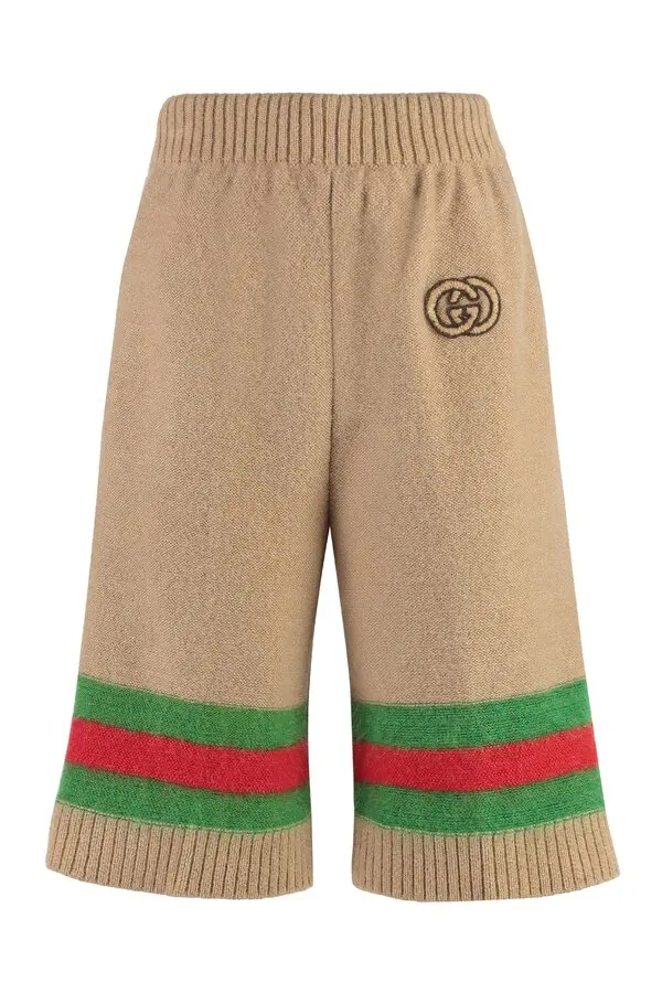 Gucci Interlocking Gg Logo Wool Mohair Blend Shorts - Camel