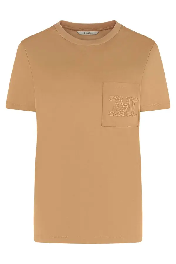 Max Mara Cotton Crewneck T-shirt With Embroidered Pocket - Camel